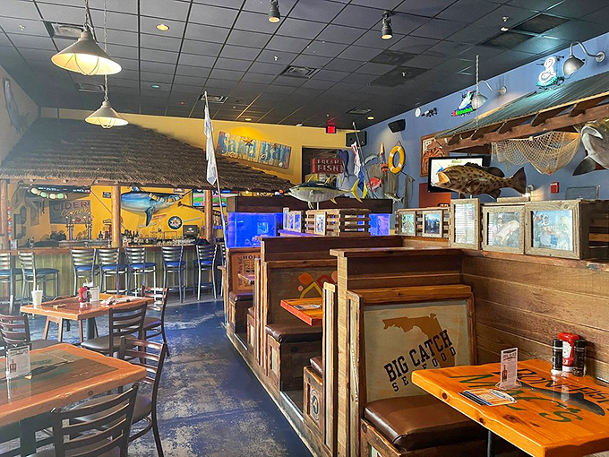 Nautical nostalgia meets Florida comfort inside Bonefish Mac's. Fishing nets, wooden booths, and that unmistakable "you've discovered something special" atmosphere.