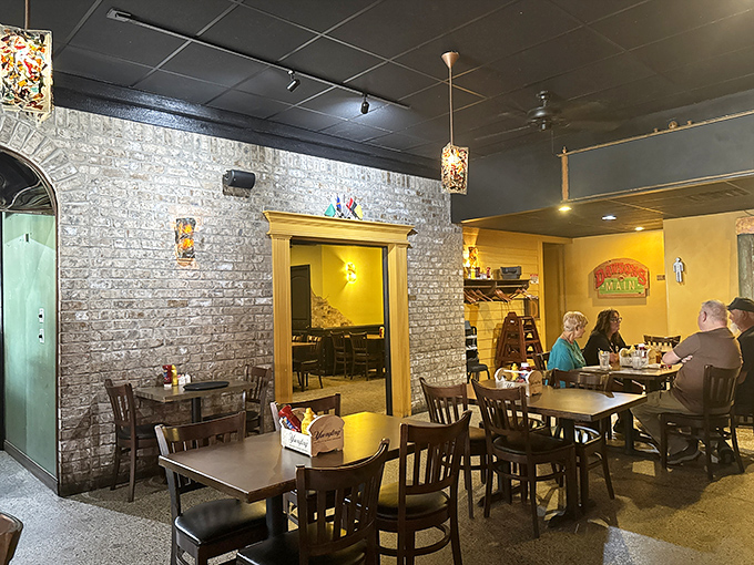 Exposed brick walls and warm lighting create that rare dining alchemy—sophisticated enough for date night, comfortable enough for Tuesday's "I can't even look at the stove" emergency.