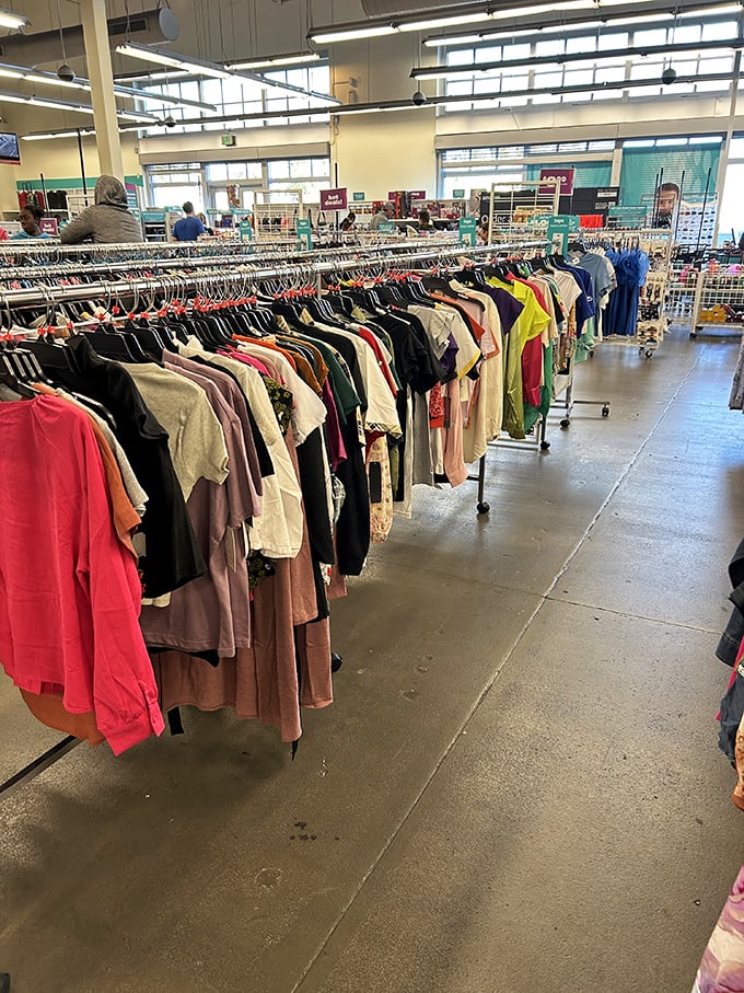 Racks upon racks of clothing treasures await discovery, where patience and persistence pay off in fashion gold.