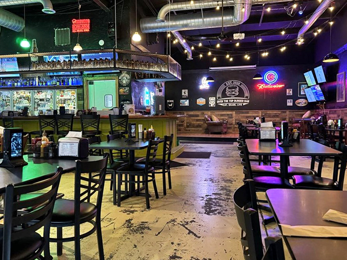 Industrial chic meets comfort food haven. The string lights create that "everyone looks good here" glow that Instagram filters aspire to.