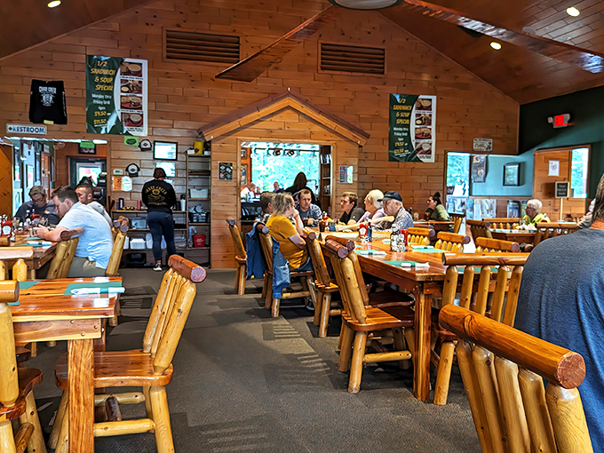 Knotty pine walls and log furniture create the perfect North Woods dining atmosphere&mdash;like eating in Paul Bunyan's living room, but with better food.