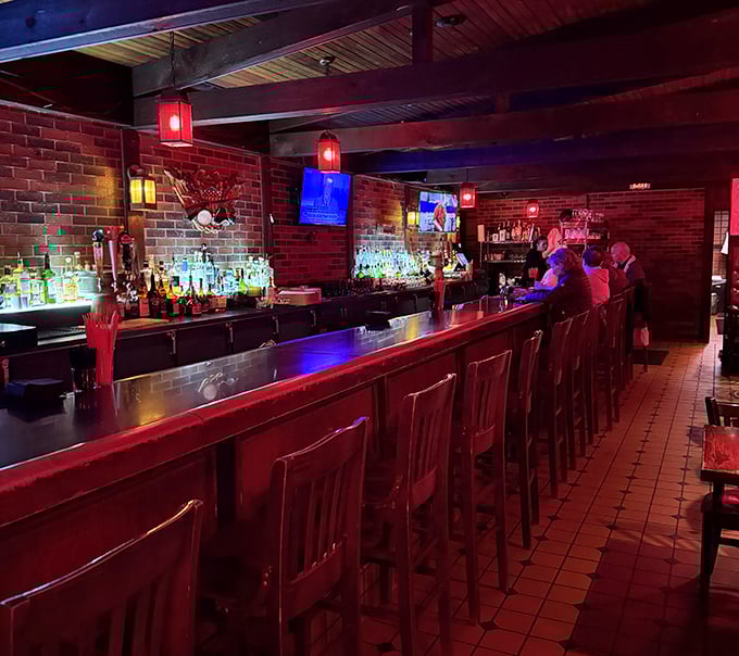 Step into a world where time slows down &ndash; the bar's warm brick walls and red lighting create the perfect backdrop for serious food appreciation.