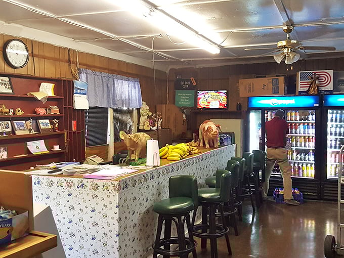 No fancy frills needed when you're serving barbecue this good. Just wood paneling, a floral-patterned counter, and the promise of smoky delights ahead.