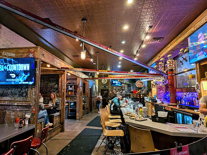 Inside AJ Bombers, military-meets-nostalgia decor creates the perfect backdrop for serious burger consumption. Those zip lines overhead? They're not just for show.