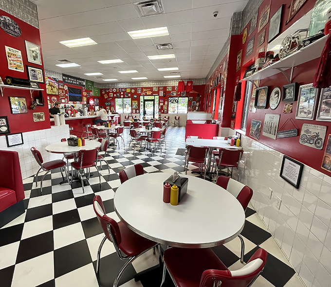 Step into a time machine disguised as a diner. The checkerboard floor and memorabilia-covered walls are the backdrop for culinary memories in the making.