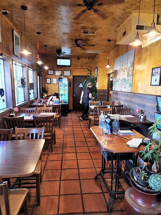 Inside, terracotta walls and Saltillo tiles create a warm, inviting atmosphere where ceiling fans lazily spin above diners lost in conversation and good food.