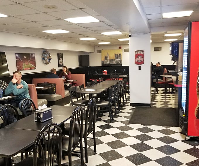 Classic diner vibes with checkerboard floors that have seen countless satisfied customers shuffle through.