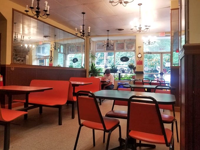 Wood paneling, comfortable seating, and that unmistakable diner ambiance &ndash; it's like stepping into a Norman Rockwell painting where calories don't count.
