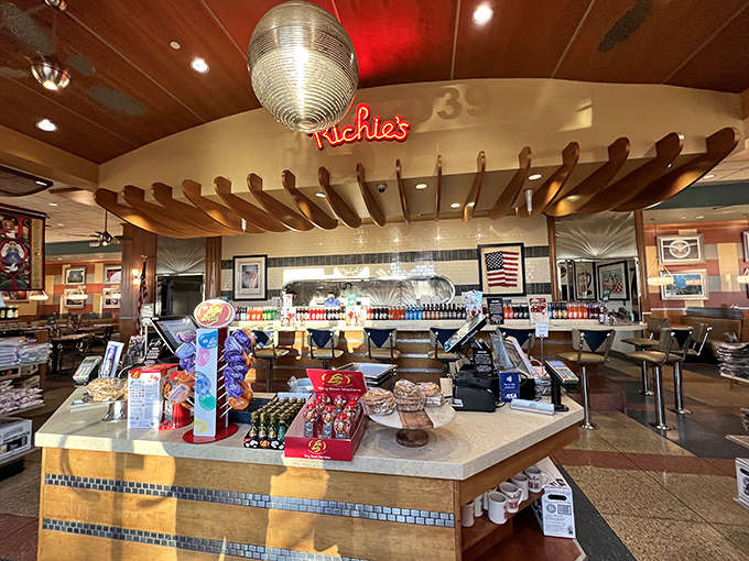 Beneath a shimmering disco ball and wooden slat ceiling, Richie's counter area feels like a time capsule where calories don't count and coffee never runs dry.