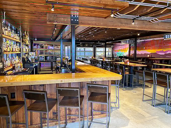 The bar area strikes that perfect balance between rustic charm and modern comfort, like your favorite jeans after they've been broken in just right.