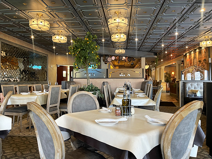 Elegant tin ceiling tiles and soft lighting create that "Nonna's fancy dining room" atmosphere. The kind of place where memories are made between bites.