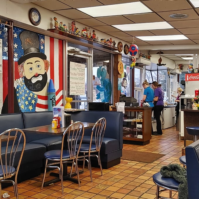 Uncle Sam watches over diners from his patriotic perch, as if to say, "I want YOU to try the tenderloin!" The blue booths have cradled generations of hungry Hoosiers.