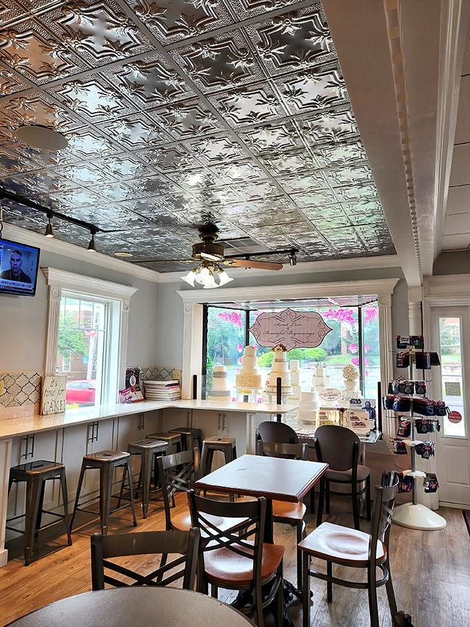 That ornate tin ceiling isn't just gorgeous&mdash;it's practically a museum piece overhead while you contemplate which treat deserves your caloric investment.