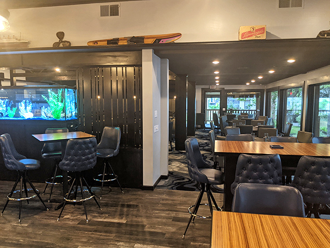 Modern meets northwoods charm in this stylish interior where the aquarium brings a splash of Lake Wissota indoors. Dinner with a show!