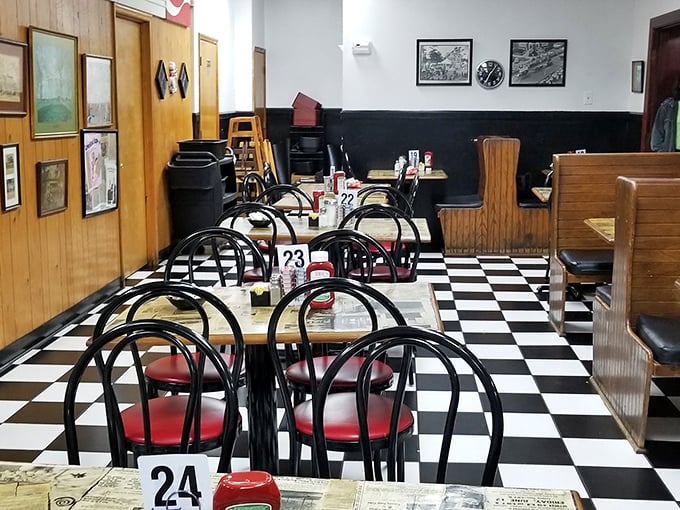 Classic black and white checkered floors set the stage for culinary time travel. This isn't retro-styled&mdash;it's authentically unchanged because it was perfect the first time.