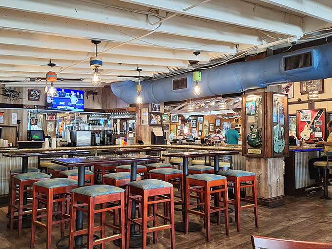Inside, time stands still in the best possible way &ndash; wood-paneled walls, mounted fish, and bar stools that have heard a thousand fishing tales. 