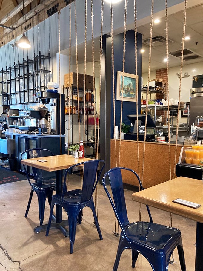 Inside, navy blue chairs and rope dividers create an industrial-meets-homey vibe where hipsters and grandparents alike feel perfectly at home.