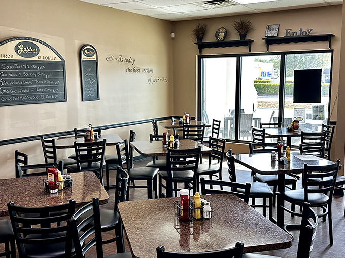 Inside Goldie's, function trumps fashion with comfortable seating and menu boards that promise what matters most&mdash;great food without the Instagram theatrics.