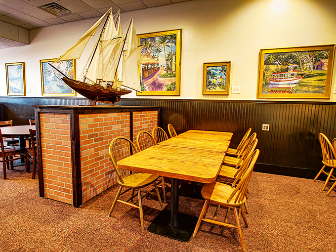 Nautical charm meets old Florida nostalgia inside, where model ships and tropical paintings create the perfect backdrop for serious eating business.