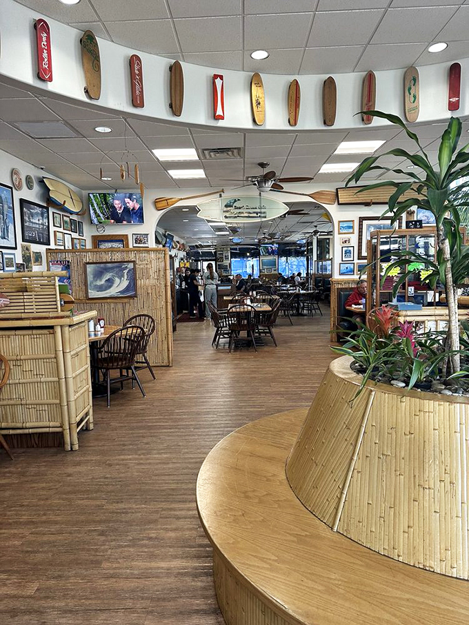 Vintage surfboards line the walls like trophies of ocean conquests past, creating the perfect backdrop for your breakfast adventure.