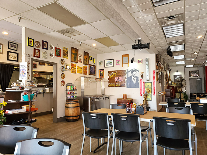 Wall-to-wall personality greets you inside, where every vintage sign and quirky decoration has a story. It's like dining inside a barbecue-themed time capsule.