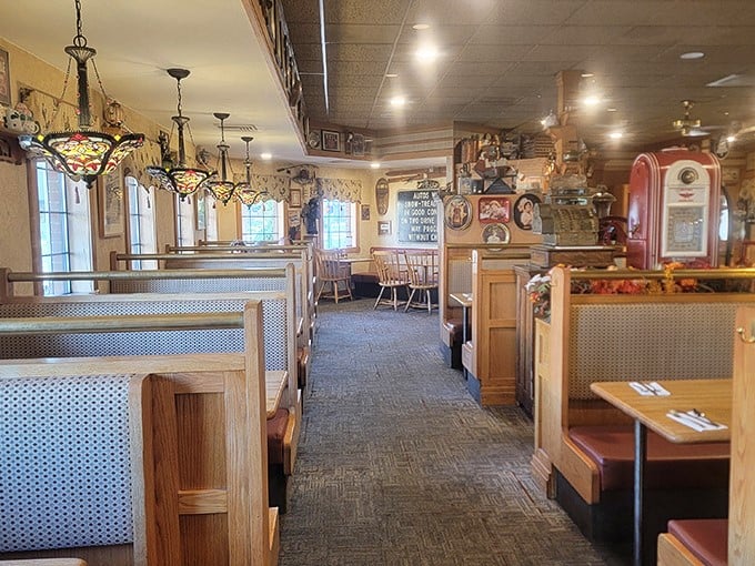 Step inside and you're transported to a simpler time, where Tiffany lamps cast a warm glow and wooden booths promise comfort for your posterior and palate.