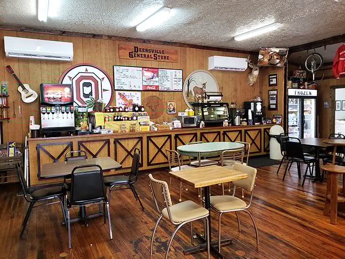 Step inside and the wood-paneled walls tell stories older than most chain restaurants' entire existence. That Ohio State logo isn't decoration&mdash;it's practically a state requirement. 