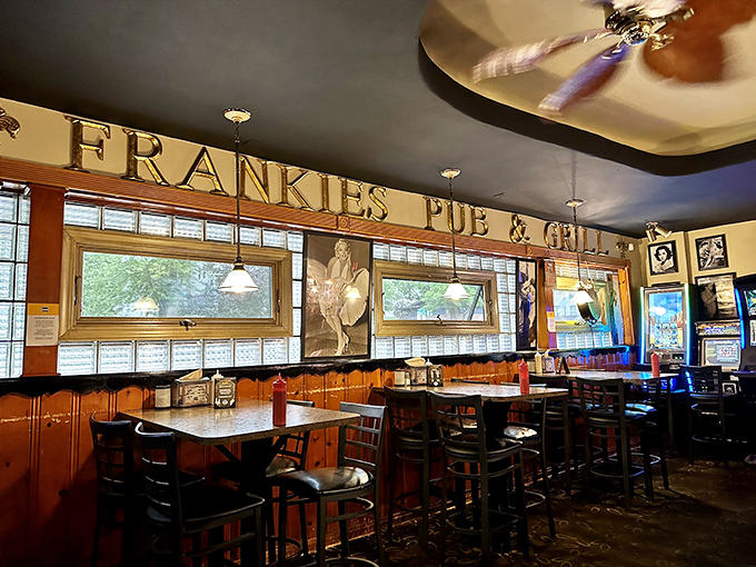 Step inside and you're greeted by warm wood paneling, classic pub ambiance, and the golden "FRANKIES" sign that's witnessed countless celebrations and everyday meals turned memorable. 
