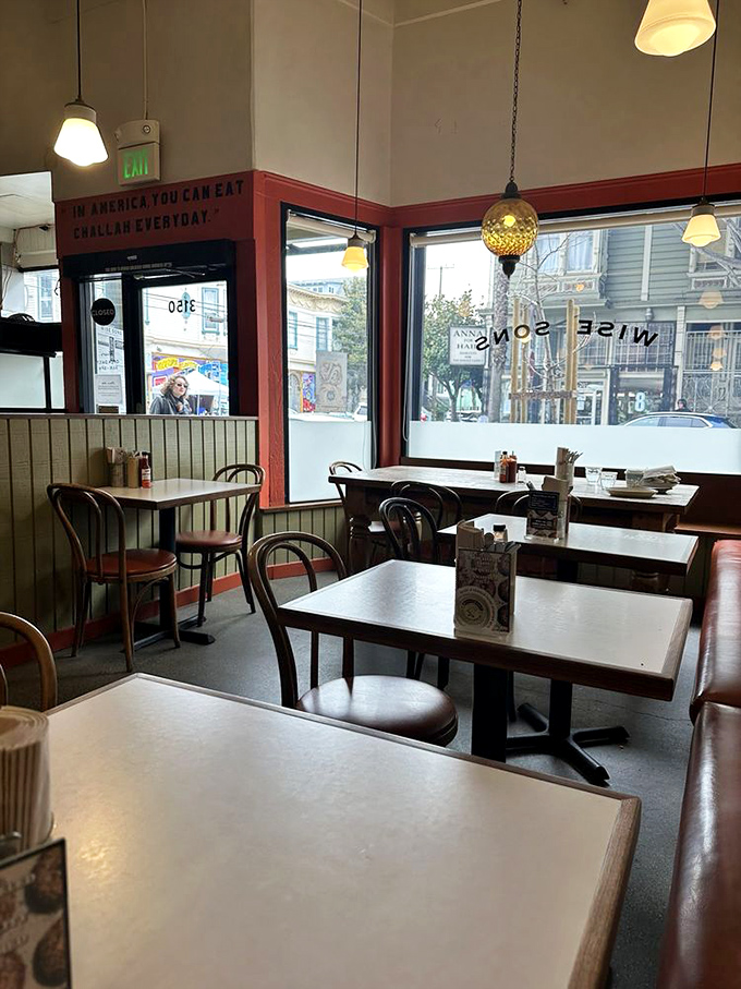 In America, you can eat challah everyday! proclaims the wall &ndash; words to live by in this cozy, nostalgic space.