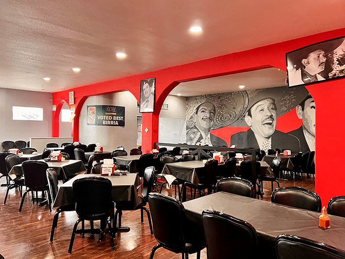 Inside, the vibrant red walls and iconic Mexican performers watching over diners create an atmosphere that's both welcoming and celebratory. Dinner and a show!