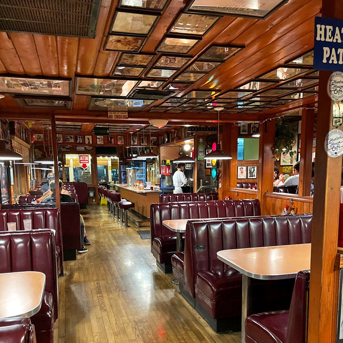 Step inside and time travel to the golden age of diners. Those burgundy booths have cradled countless happy customers in their vinyl embrace.