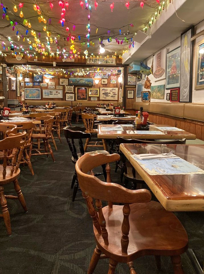 Christmas lights dangle from the ceiling year-round because at The Fish House, every fresh catch deserves a celebration.