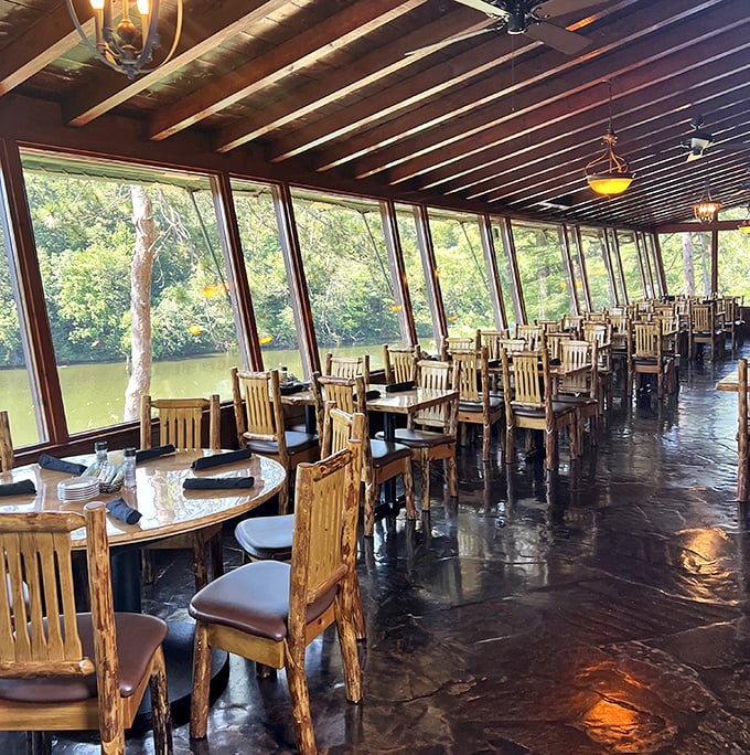 Floor-to-ceiling windows frame Mirror Lake like a living painting, while Mission-style chairs invite you to settle in for the long, delicious haul.