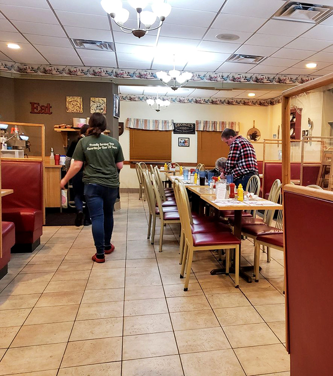 Inside, the floral wallpaper border and "Eat" sign aren't trying to be retro-cool—they're just authentically, wonderfully themselves.