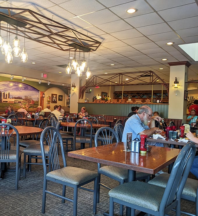 Inside, rustic wooden beams meet modern pendant lighting, creating that perfect "farmhouse chic" atmosphere where comfort meets quality without trying too hard.