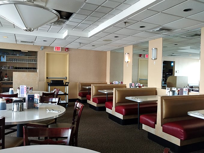 Classic diner booths upholstered in cherry-red vinyl invite you to slide in and stay awhile. This isn't trendy dining&mdash;it's timeless.