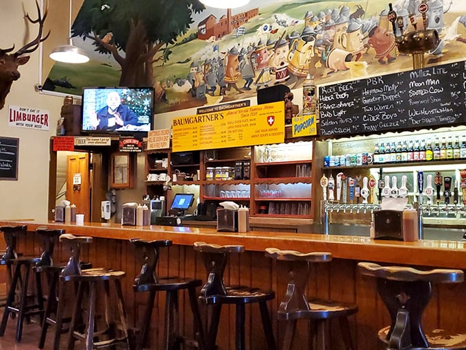 Where cheese dreams come true! The wooden bar and whimsical mural create the perfect backdrop for Wisconsin's most authentic culinary adventures.