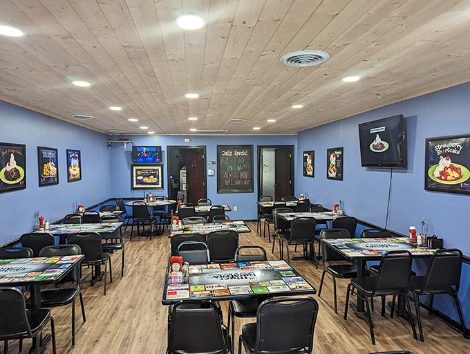 Blue walls and wooden ceilings create the perfect backdrop for comfort food conversations. This isn't Instagram-designed decor&mdash;it's authentically Tennessee.