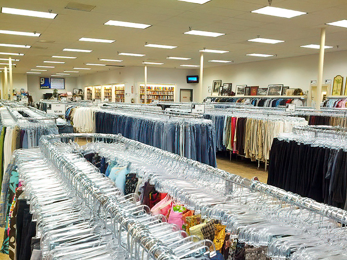 Row after row of meticulously organized clothing racks&mdash;a denim lover's dream where your next favorite jeans are patiently waiting.
