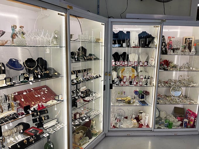 Behind glass, yesterday's elegance awaits new admirers. These jewelry cases hold stories in silver and gold, each piece whispering tales of bygone celebrations.