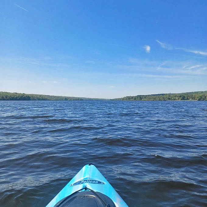Freedom on blue waters. From this kayak's-eye view, Lake Nockamixon stretches toward the horizon like Pennsylvania's answer to the Mediterranean.