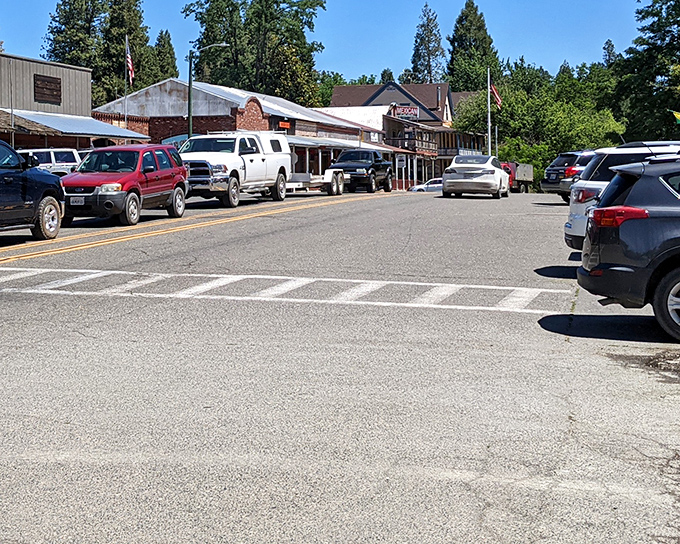 Main Street might not have changed much since the Gold Rush, but those pickup trucks aren't exactly horse-drawn carriages. Small-town charm with modern-day convenience.