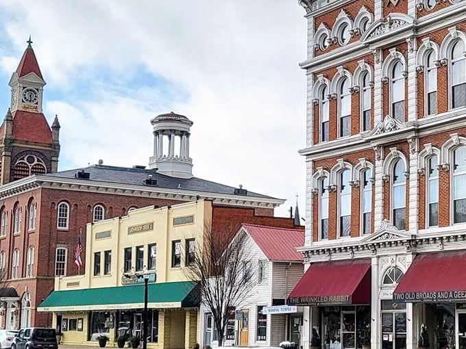 The Wrinkled Rabbit shop sits beneath Circleville's iconic courthouse, where small-town charm meets unexpected treasures. Window shopping here becomes an adventure in itself.