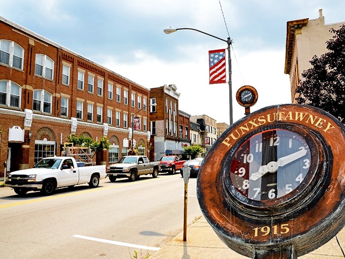 The iconic 1915 town clock stands sentinel on Mahoning Street, reminding visitors that in Punxsutawney, time moves at a pace your blood pressure will appreciate.