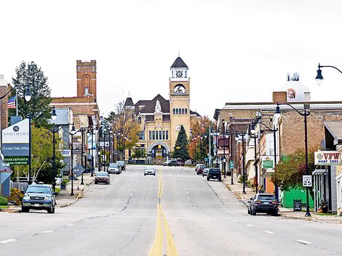 The Iron County Courthouse stands proudly at the end of Main Street, a sandstone sentinel that's been keeping watch over Crystal Falls for generations.
