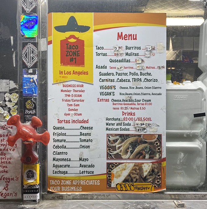 The no-frills menu board speaks the universal language of street food perfection—meat options that make decision-making the hardest part of your night.