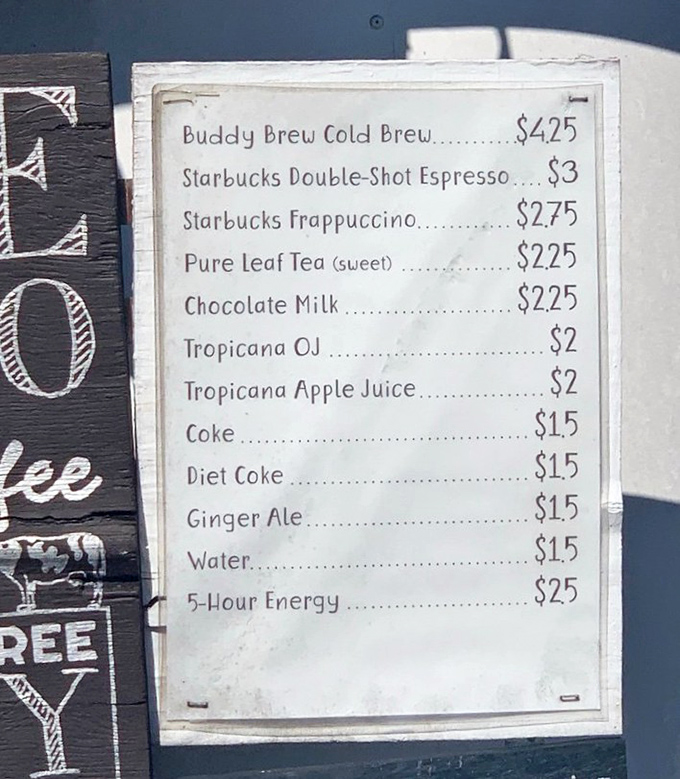 This beverage menu might be the only place where water costs the same as a Diet Coke. The 5-Hour Energy price suggests they know exactly what morning people need.