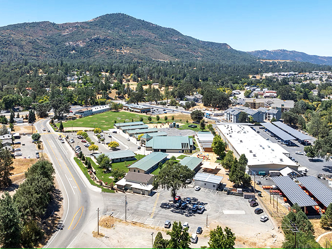 The local elementary school sits peacefully among towering trees, where education happens without urban chaos.