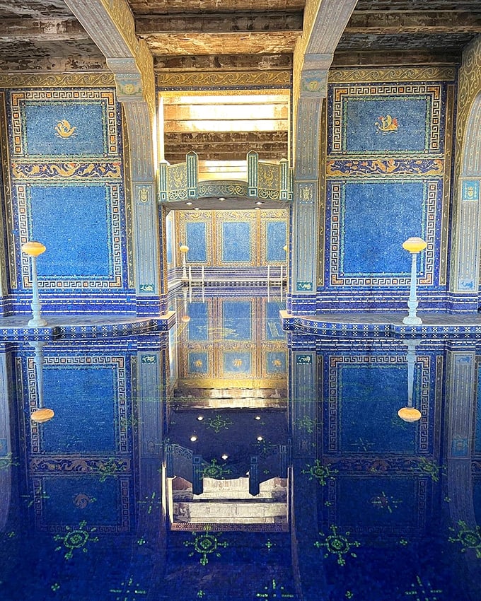 The Roman Pool glimmers with a million hand-laid blue and gold tiles, creating an underwater palace that would make Neptune himself jealous.