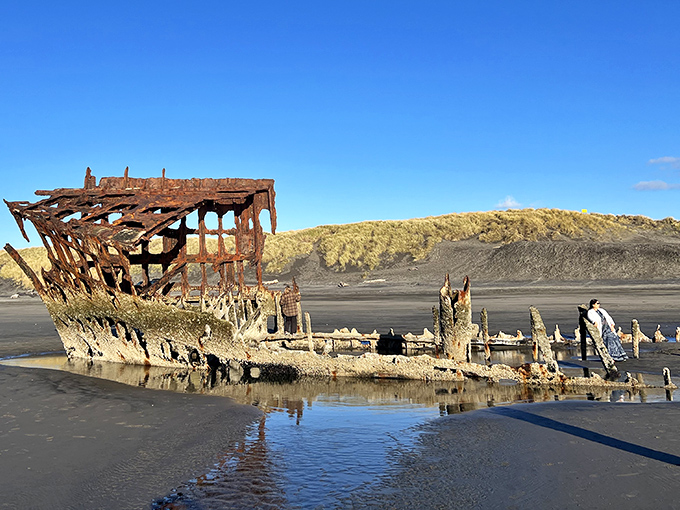 Morning reflections create a perfect mirror image of the shipwreck, as if the ocean is reminiscing about the vessel's seafaring days.